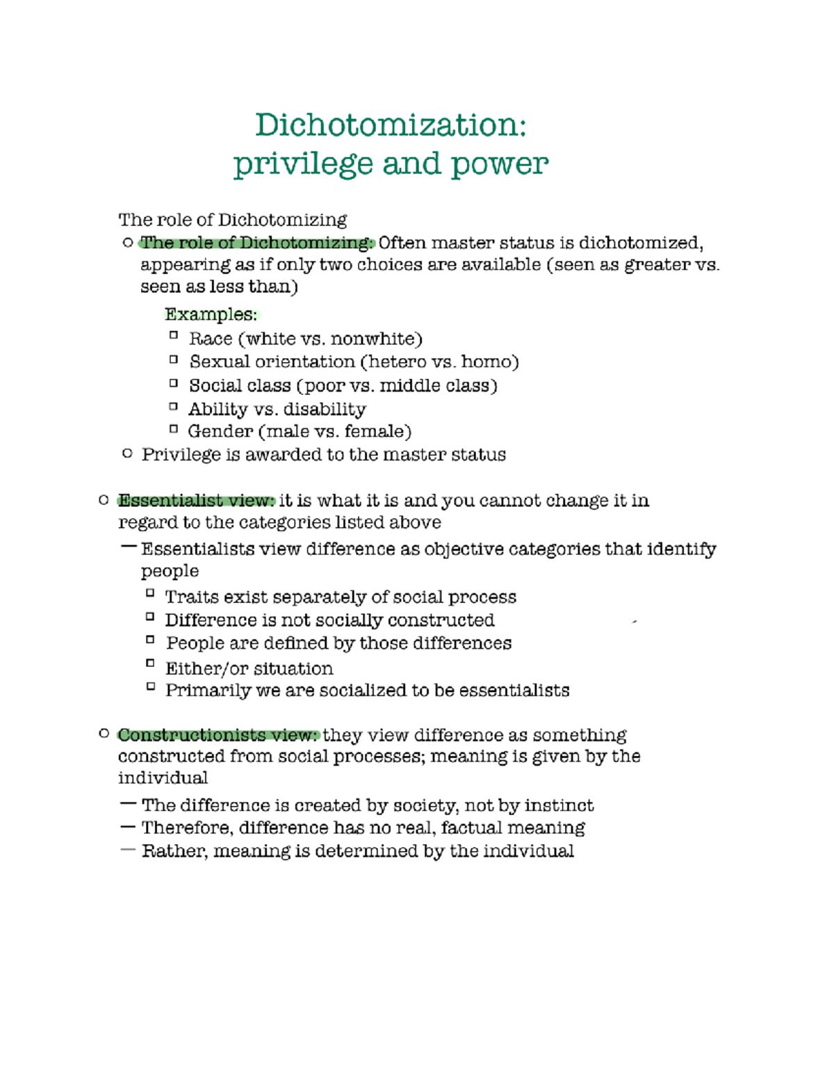 Dichotomization: Privilege and Power - SW124 - Studocu