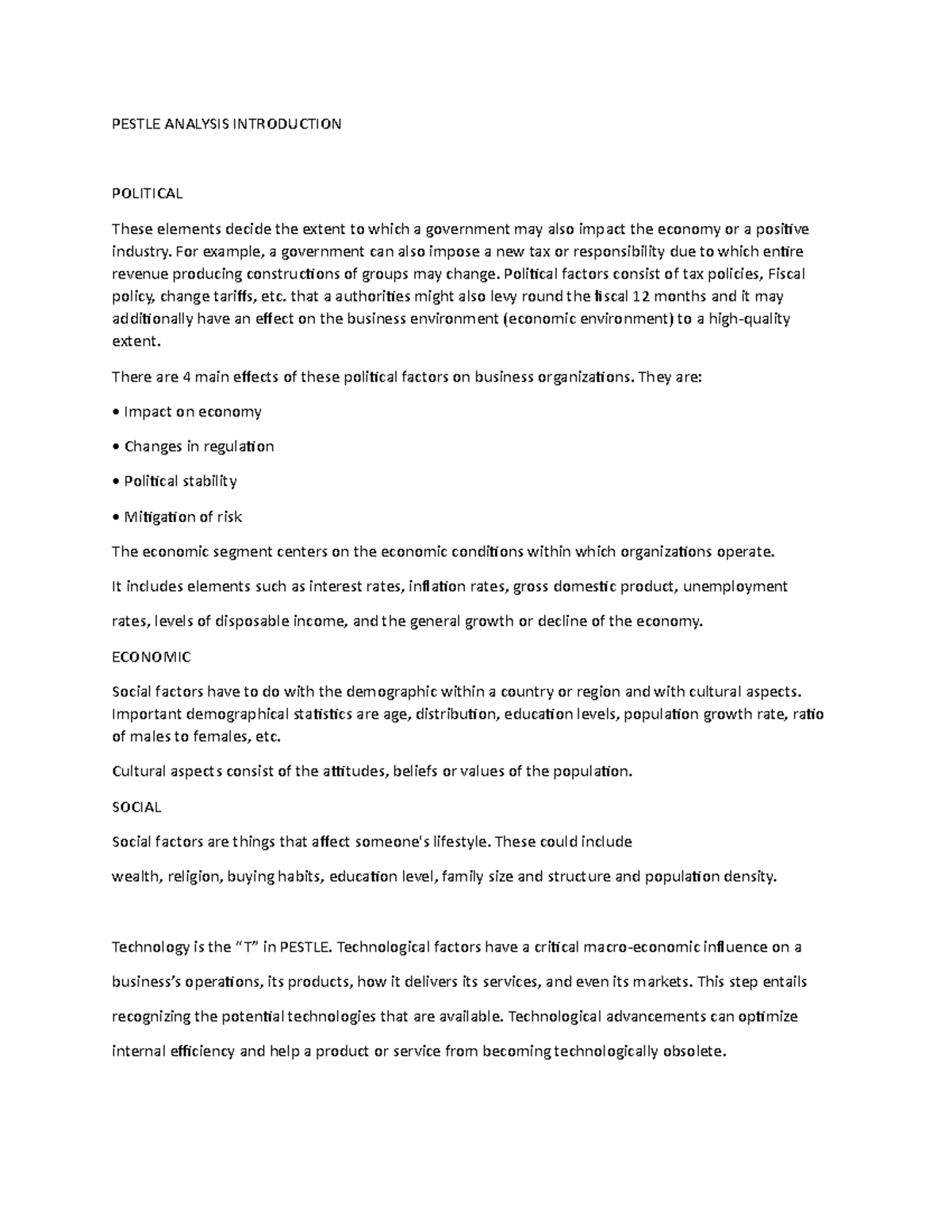 Pestle Analysis Introduction - PESTLE ANALYSIS INTRODUCTION POLITICAL ...