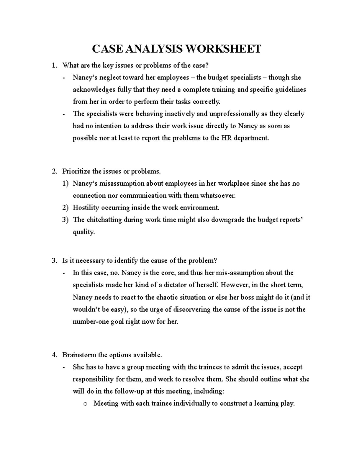 Group 1 CAW - dasdqweqwe - CASE ANALYSIS WORKSHEET What are the key ...