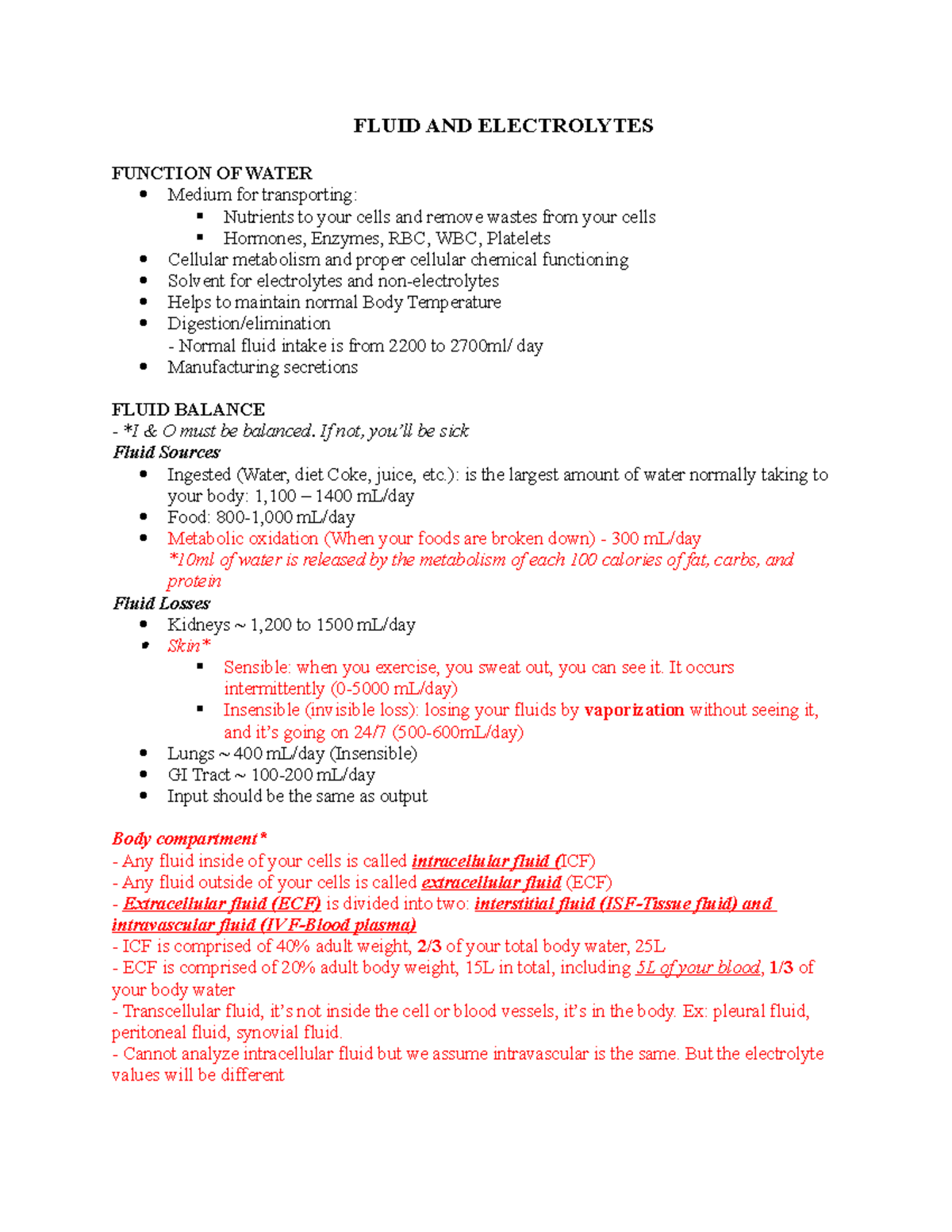 Fluid and Elect - Lecture Notes - FLUID AND ELECTROLYTES FUNCTION OF ...