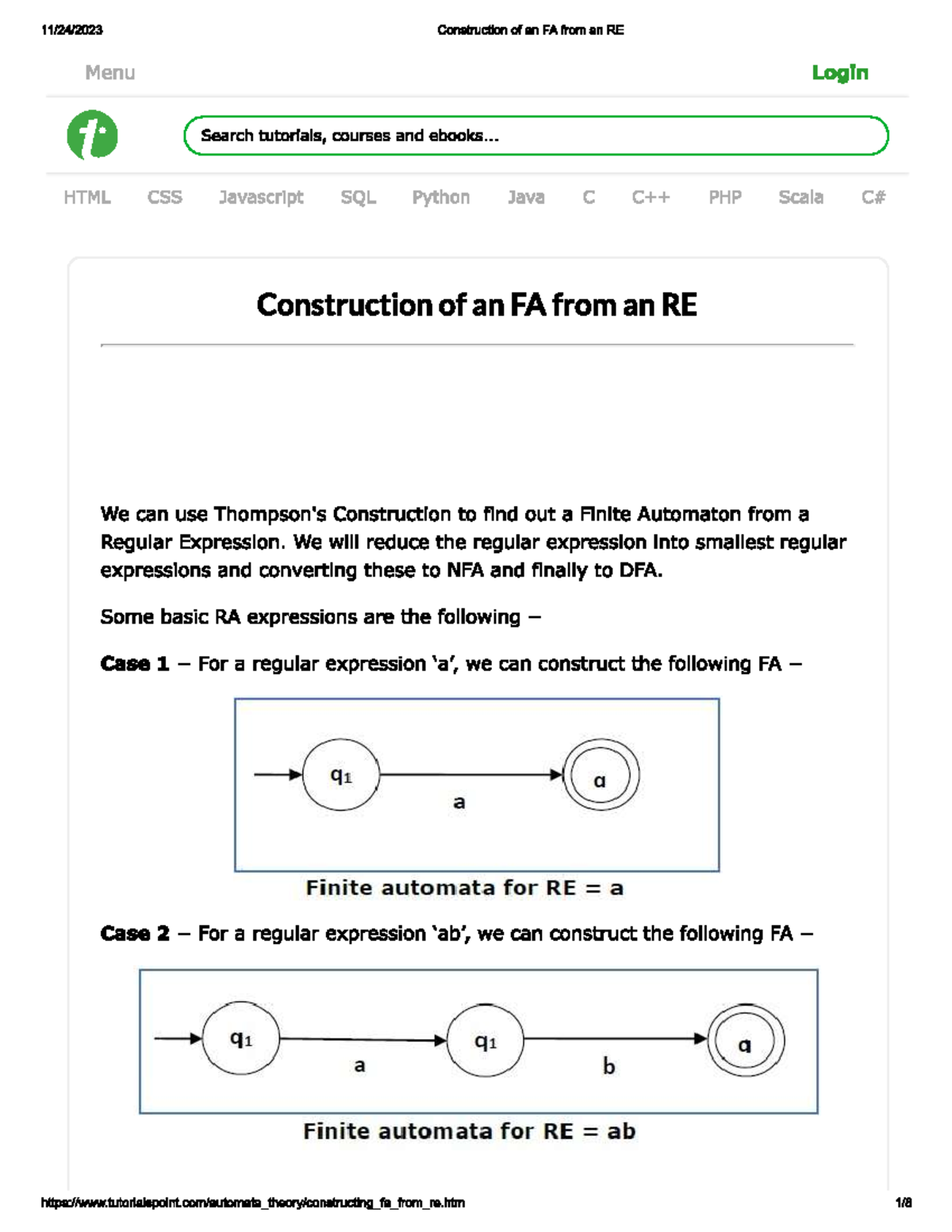TOC Construction of an FA from an RE - Theory of computation - Studocu