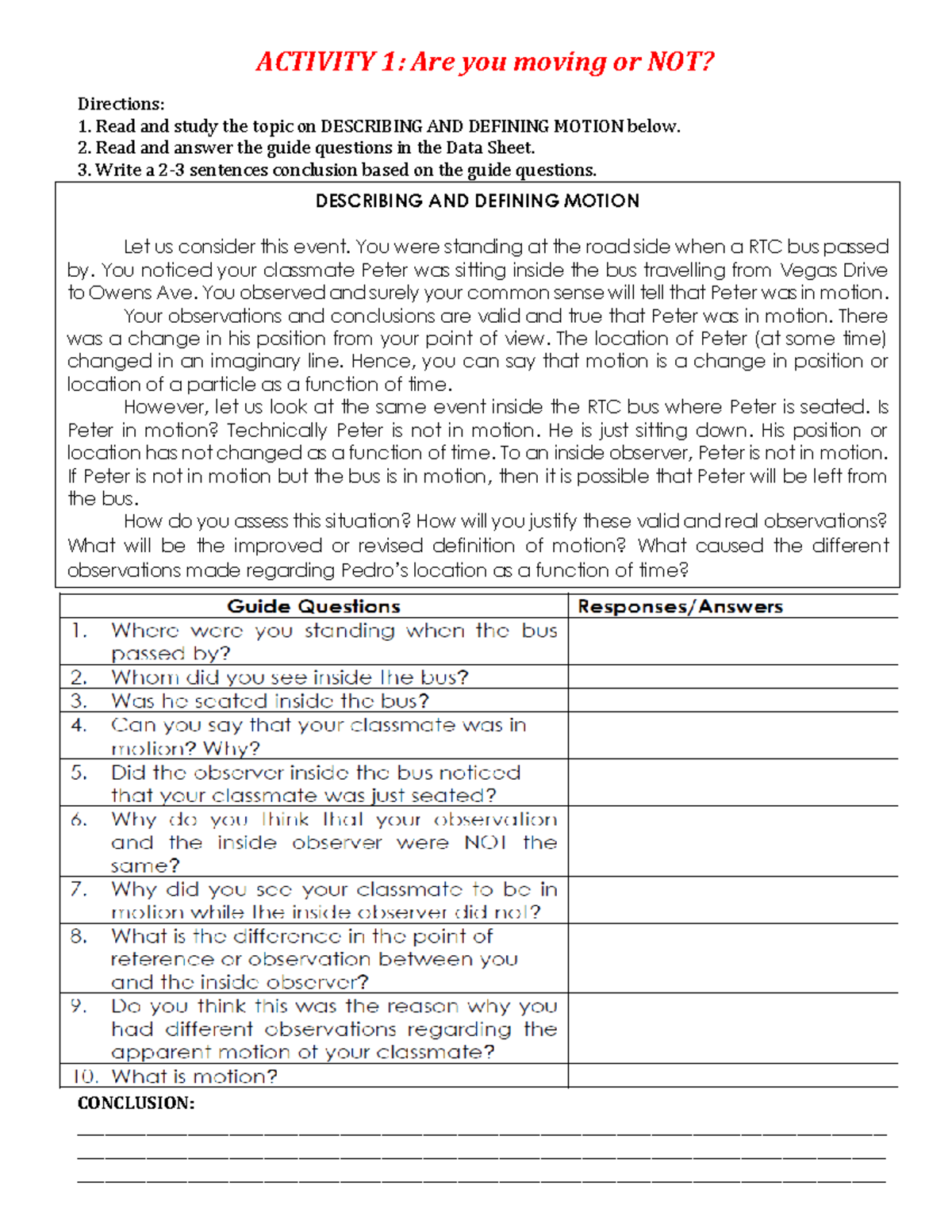 Activity 1 - ACTIVITY 1: Are you moving or NOT? Directions: Read and ...