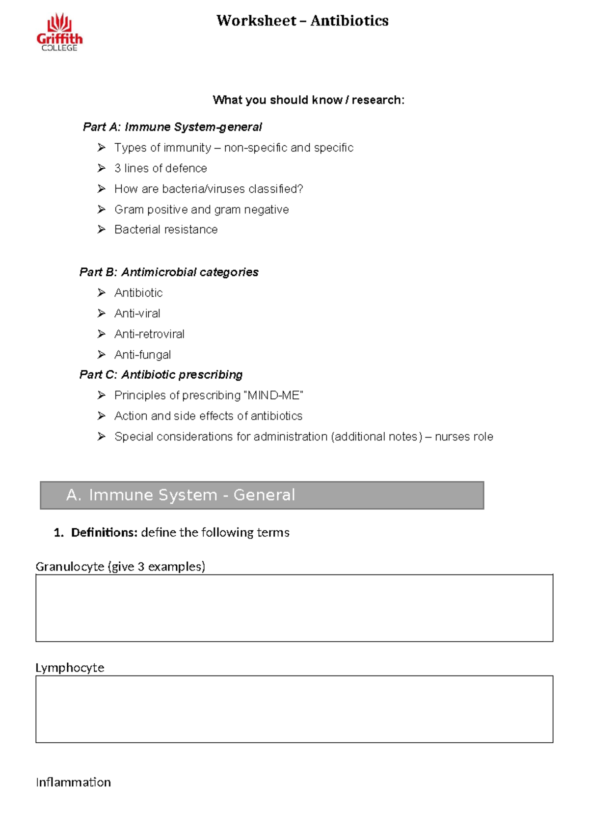 Antibiotics Worksheet - What you should know / research: Part A: Immune ...