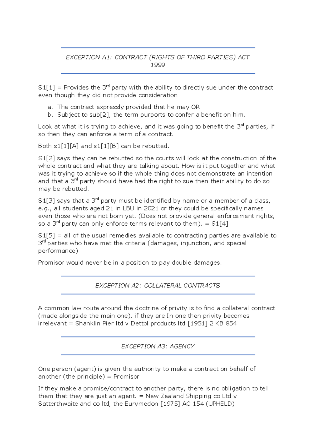 Exceptions to the doctrine of privity - EXCEPTION A1: CONTRACT (RIGHTS ...