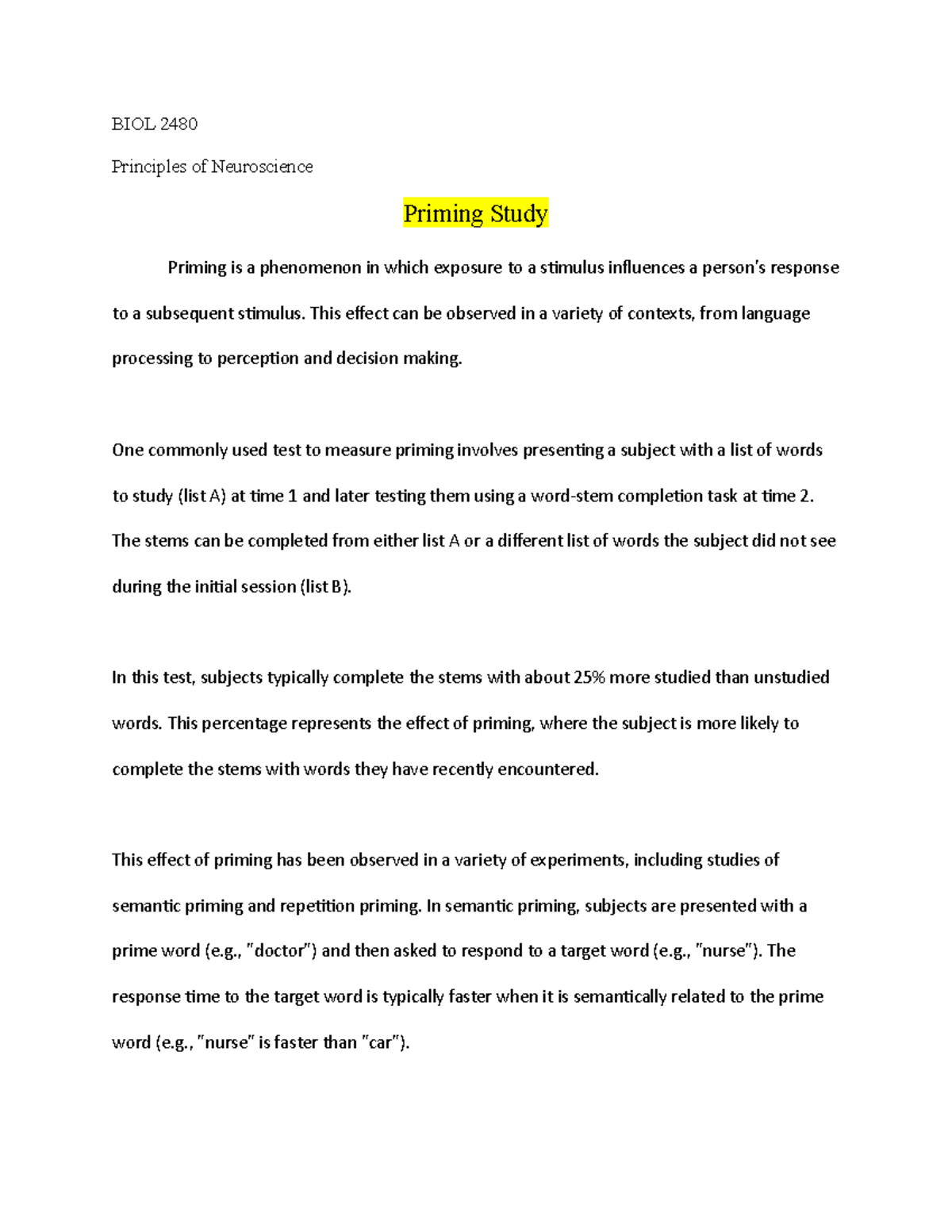 BIOL 2480 Priming Study - BIOL 2480 Principles of Neuroscience Priming ...