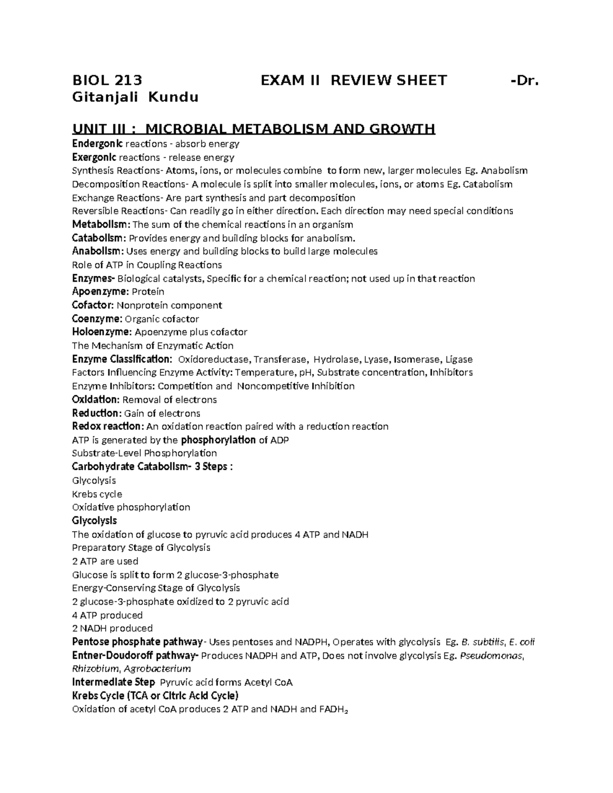 EXAM 2 Review FA2011 - n/a - BIOL 213 EXAM II REVIEW SHEET -Dr. Gitanjali Kundu UNIT III ...