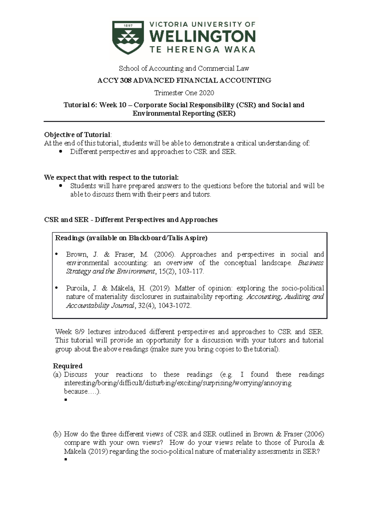 ACCY308 Tutorial 6 Questions and Answers - School of Accounting and Commercial Law ACCY 308 ...