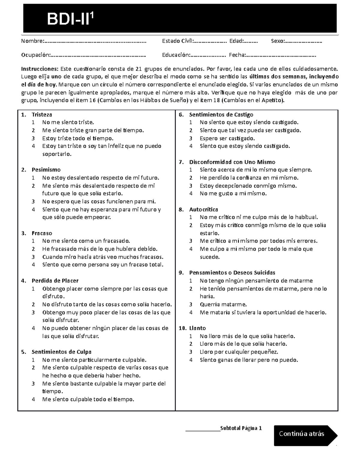 BDI-II - Inventario de Depresión de Beck II - - Studocu