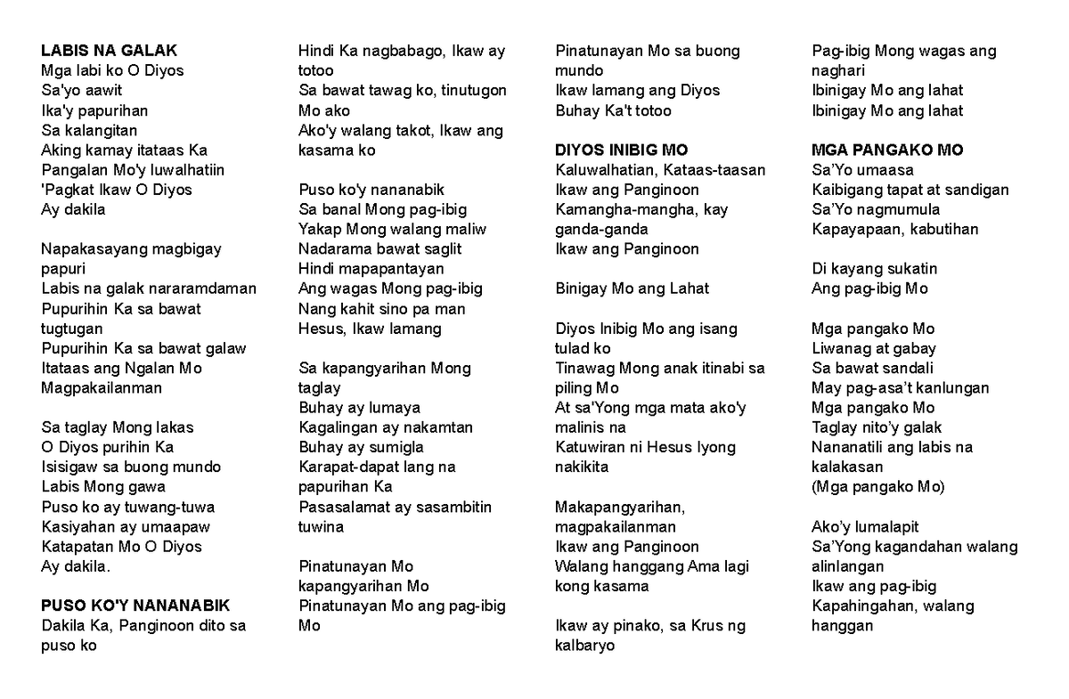 Lyrics - LABIS NA GALAK Mga labi ko O Diyos Sa'yo aawit Ika'y papurihan Sa kalangitan Aking ...
