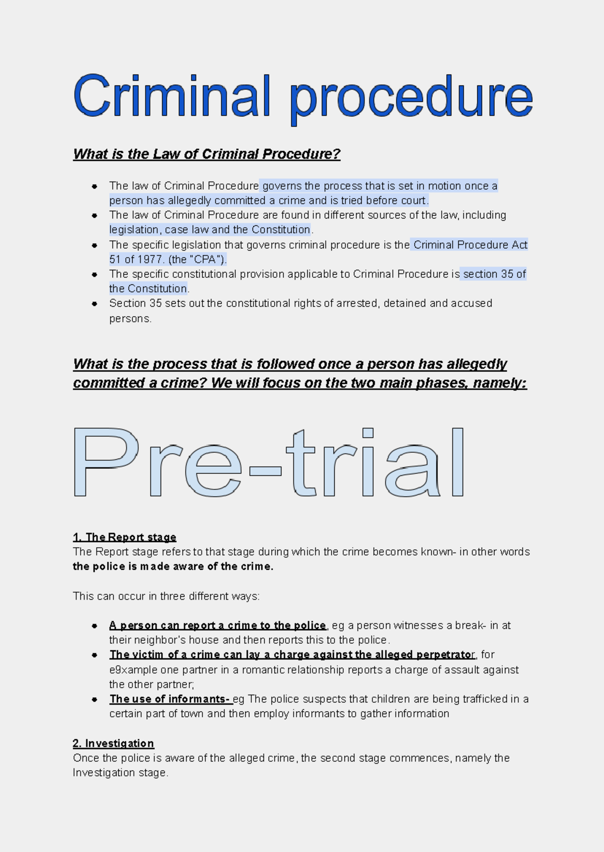 Criminal procedure - NOTES - What is the Law of Criminal Procedure? The ...