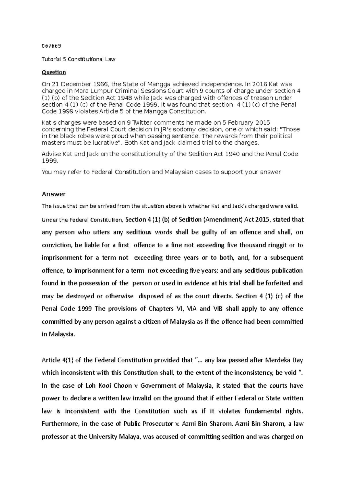 067669 Tuto5 Consti - Law for fun - 067669 Tutorial 5 Constitutional Law Question On 21 December ...