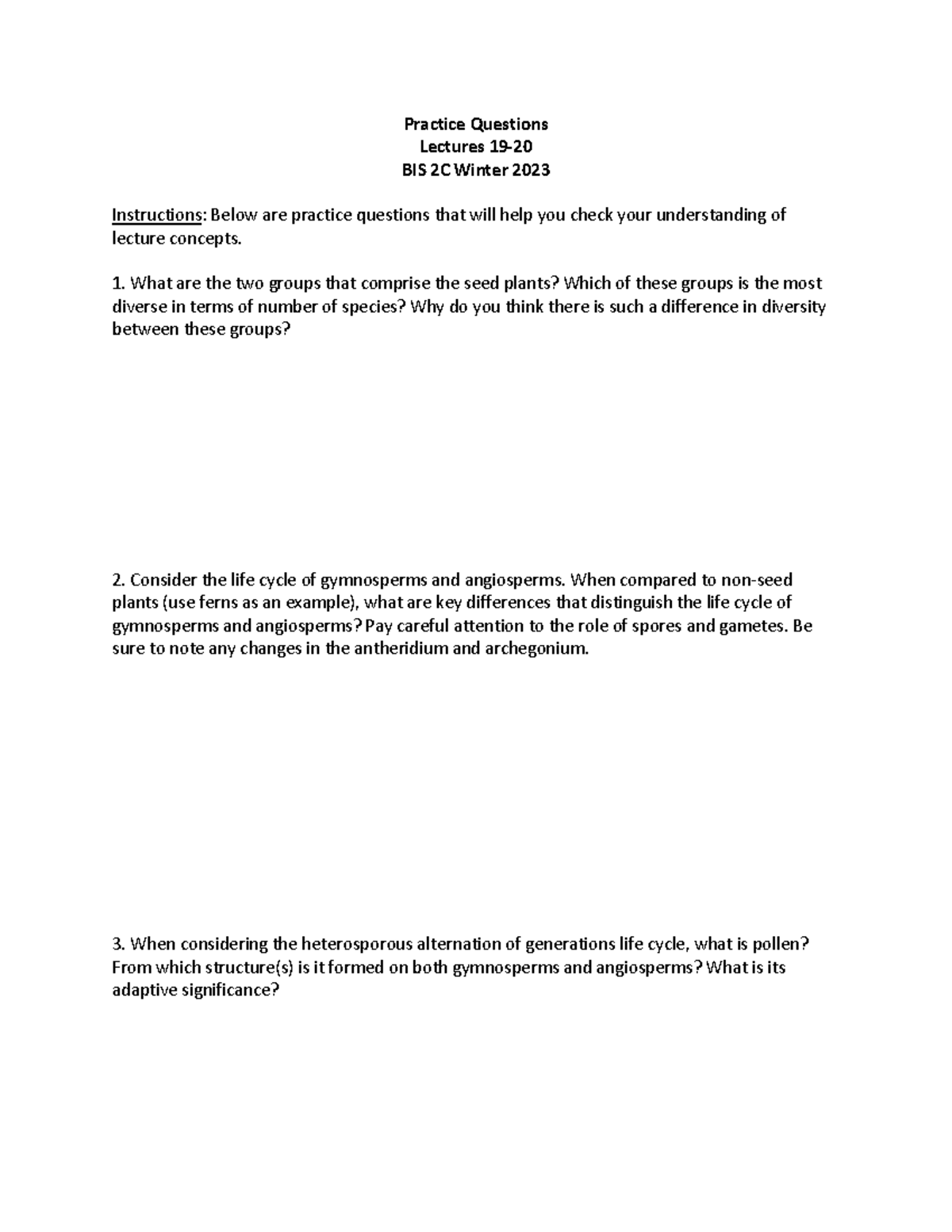 Practice Questions Lectures 19-20 - Practice Questions Lectures 19- BIS ...