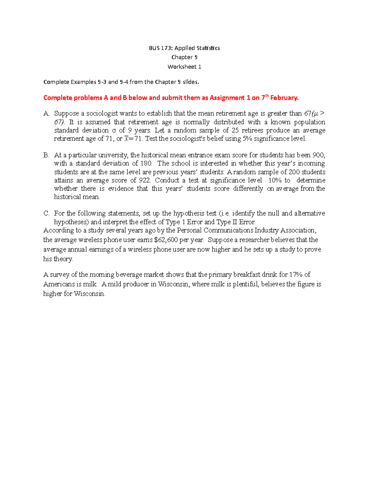 Chapter 9 worksheet 1 - BUS 173: Applied Statistics Chapter 9 Worksheet ...