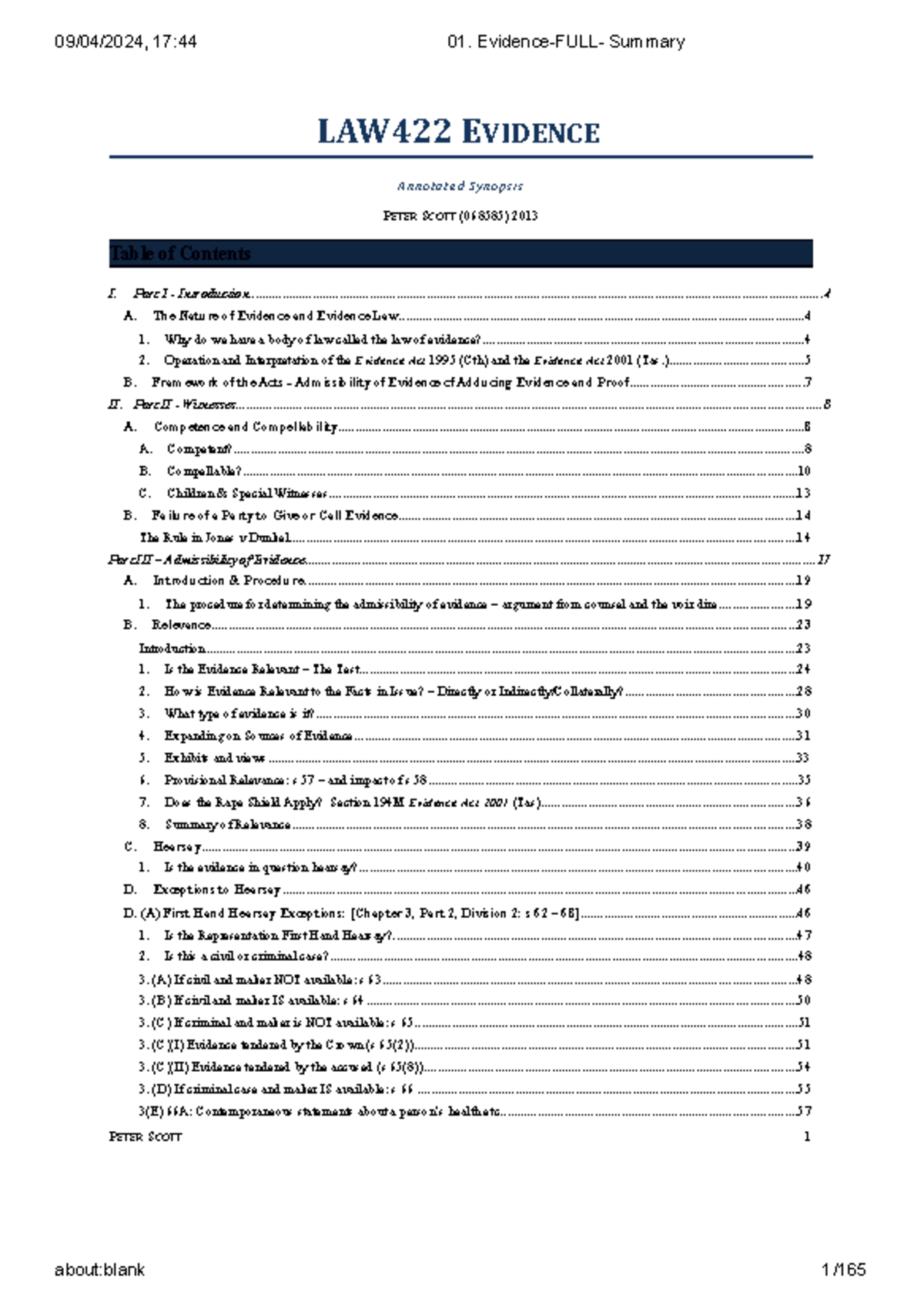 Evidence Summary - LAW 422 EVIDENCE - PETER S COTT(068585) Annotated ...
