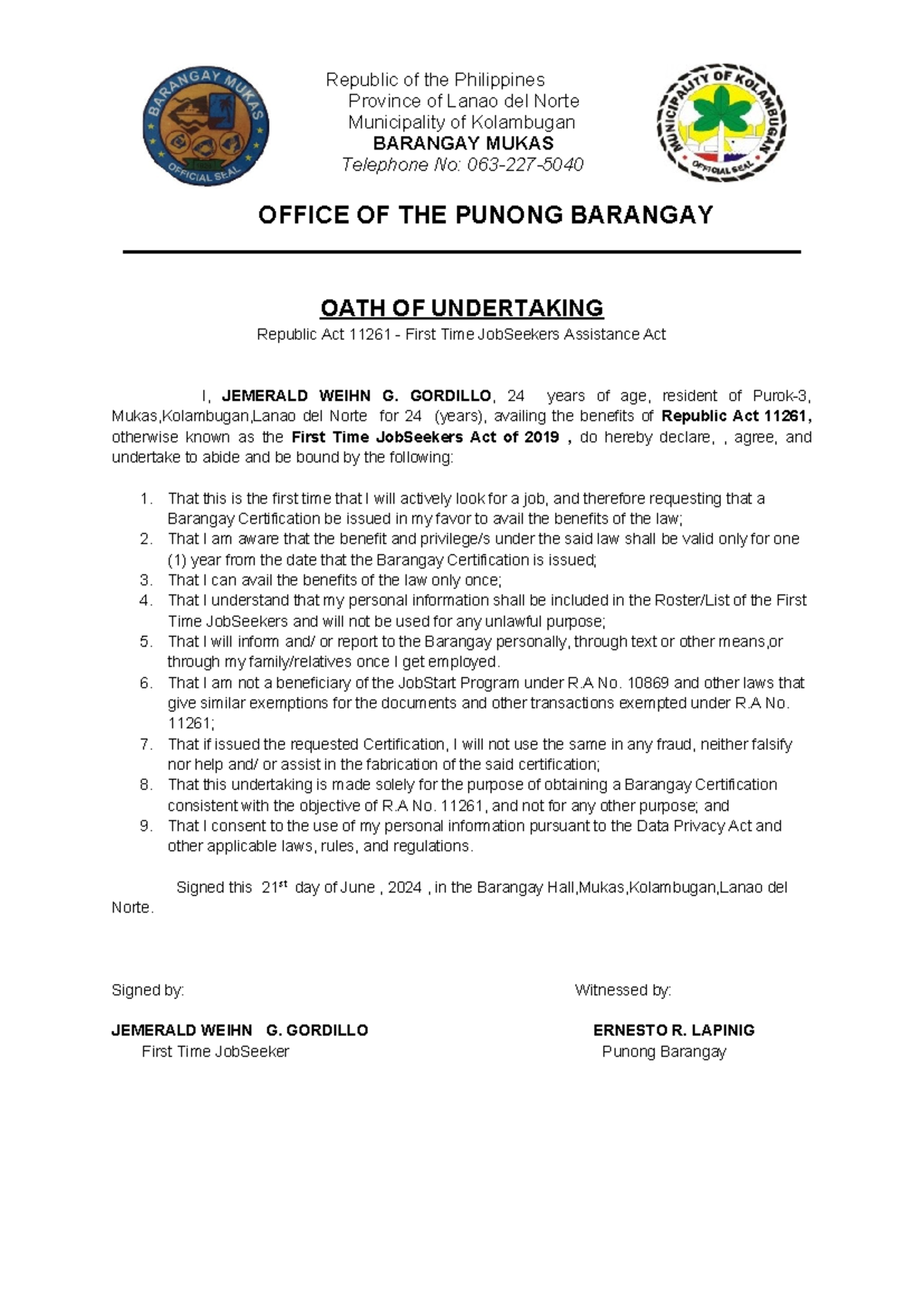 Oath-of-Undertaking-Template first time Job seeker - Republic of the ...