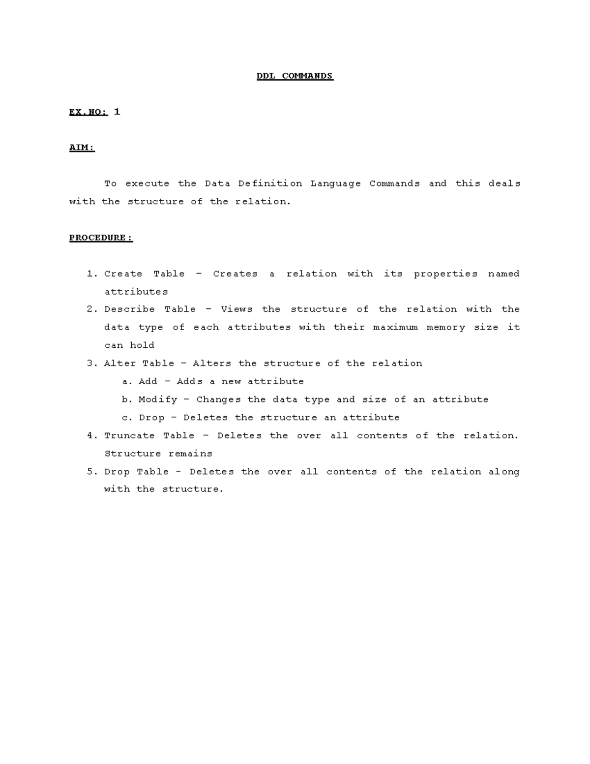 1ddl Commands Ddl Commands Ex 1 Aim To Execute The Data Definition Language Commands And 8584
