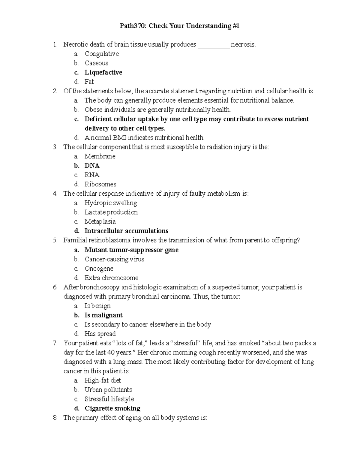 Patho 370 CYU #1 - Assigned practice questions for weekly tests ...