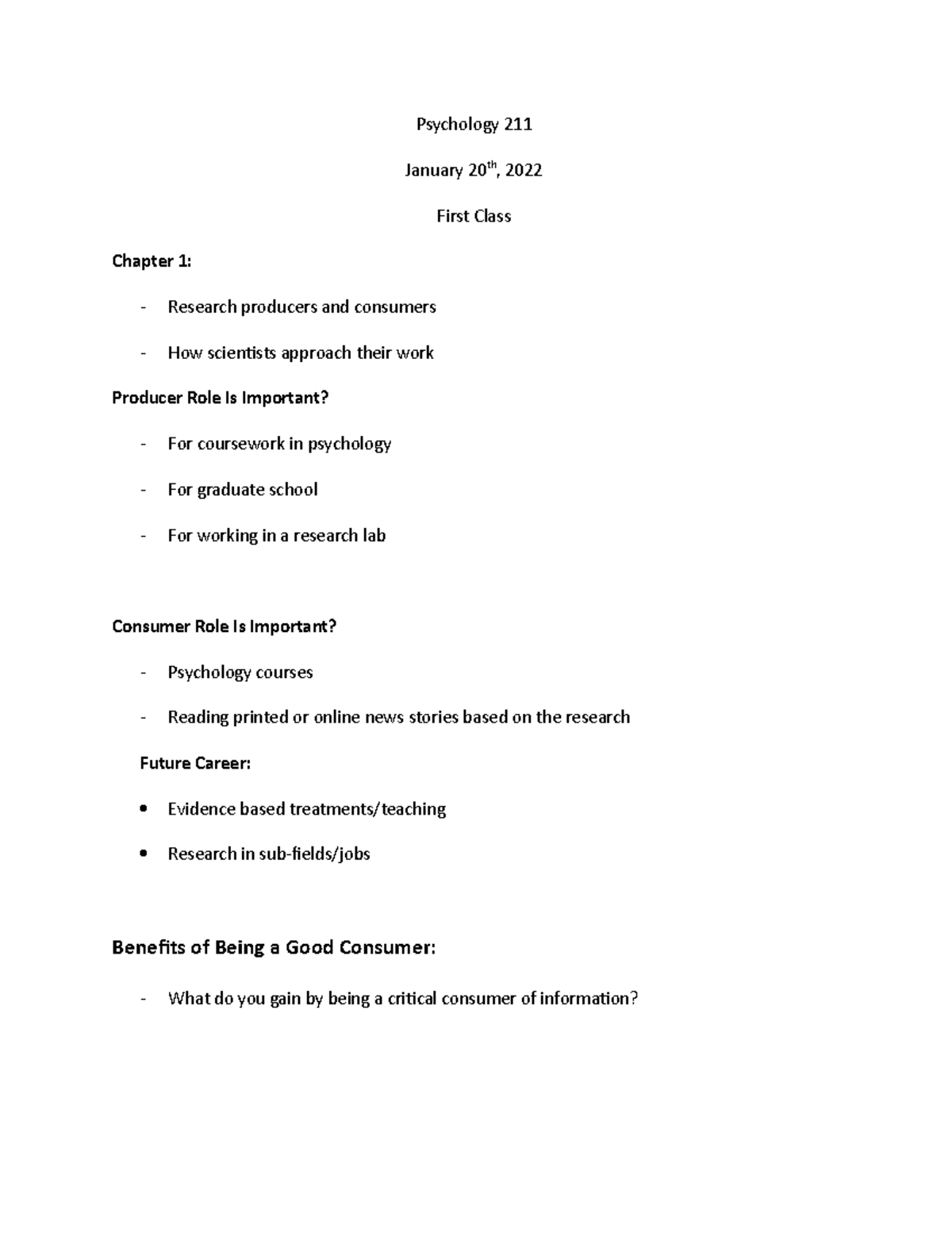 First class - notes on chapter 1 - Psychology 211 January 20th, 2022 ...