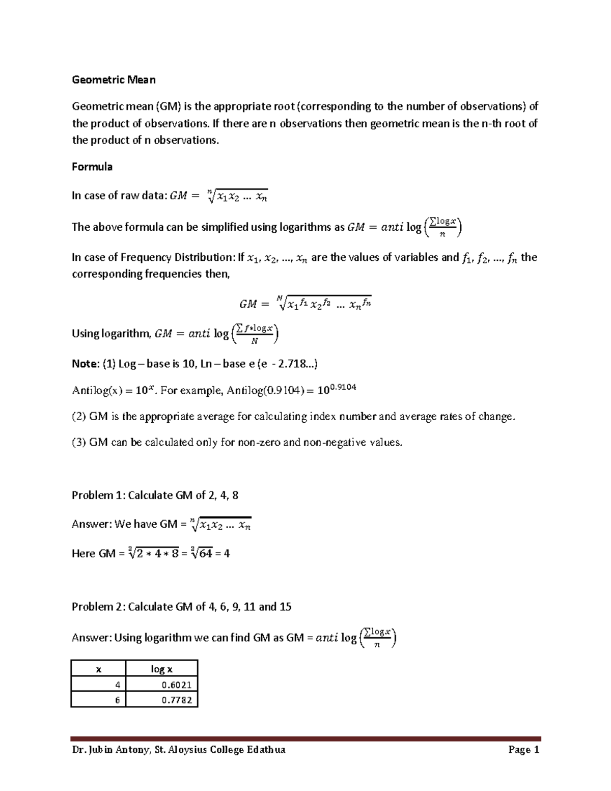 Notes M2 Gmhmpositional Values - Geometric Mean Geometric mean (GM) is ...