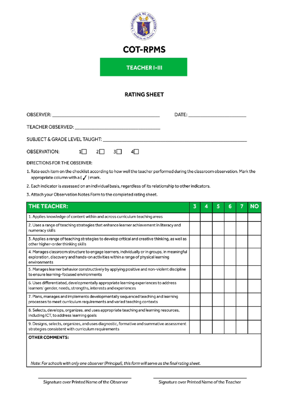 COT Forms pre observation rating sheetobservation notes - NG NG TEACHER ...