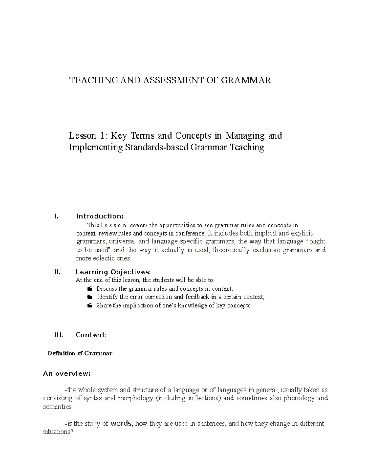 Lesson 1 teaching and assessment of grammar - PRELIM TEACHING AND ...