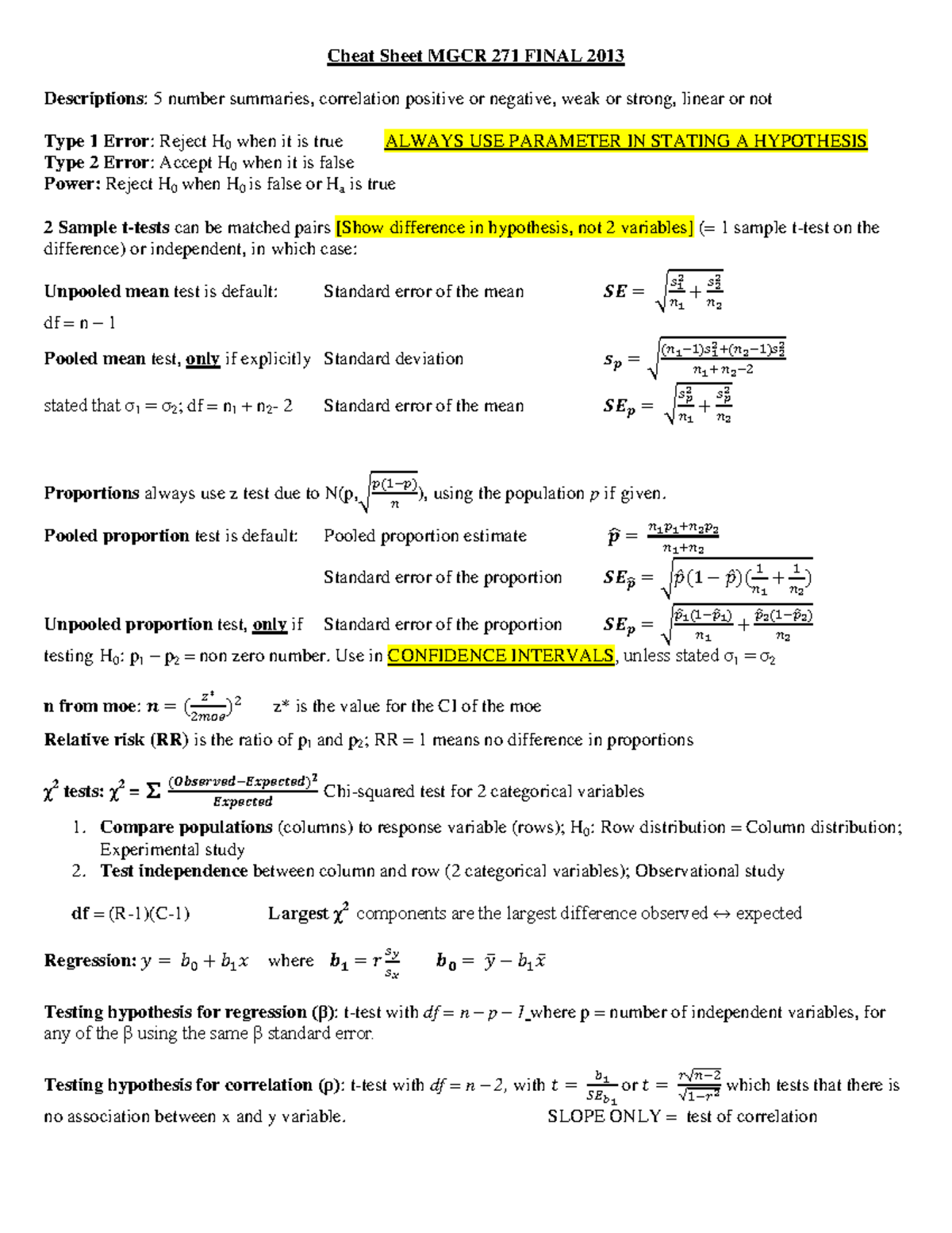 Extra Business Statistics, Formula sheet - Cheat Sheet MGCR 271 FINAL ...