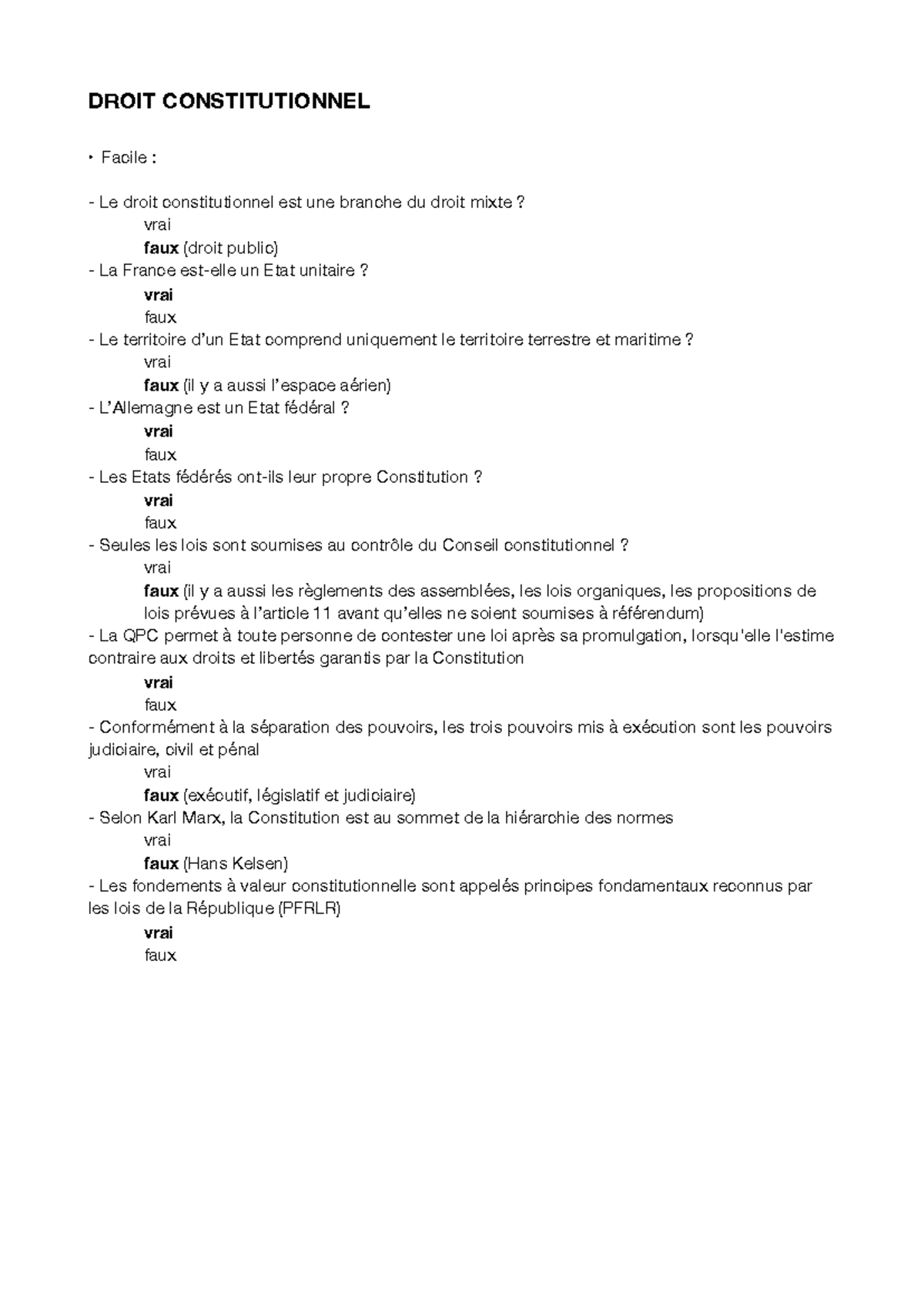 QCM droit constit - DROIT CONSTITUTIONNEL Facile : Le droit constitutionnel est une branche du ...
