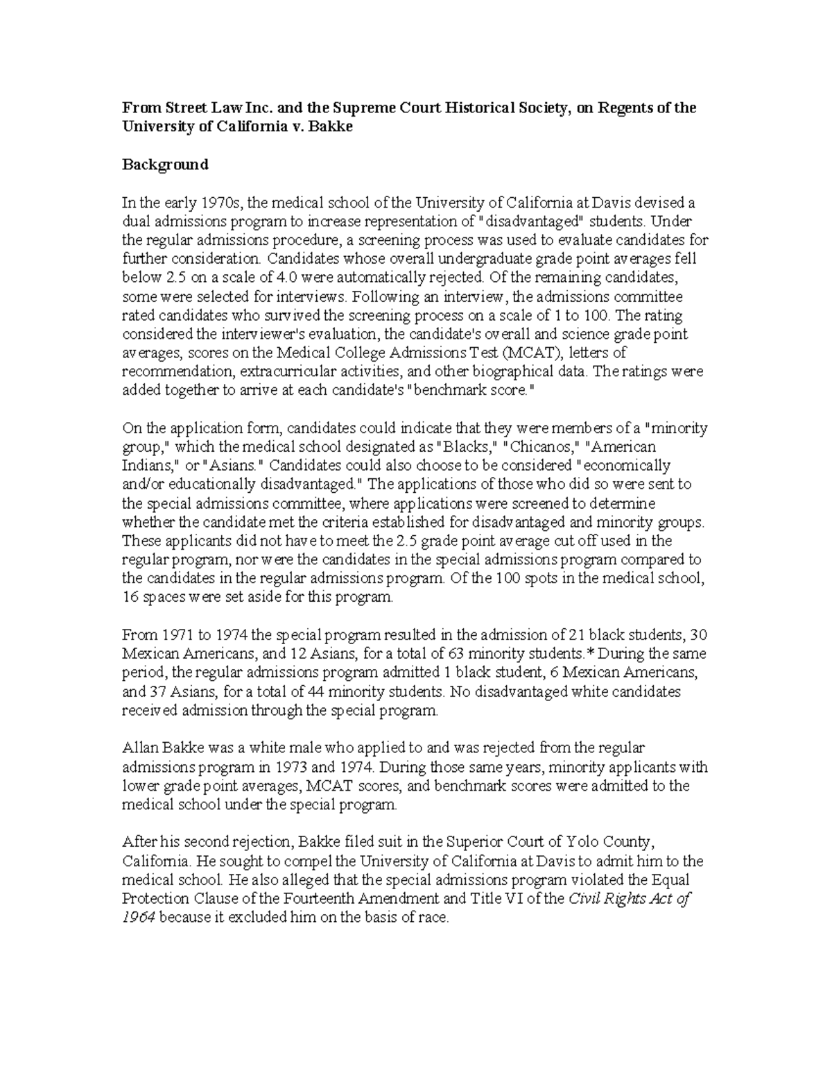 UC v. Bakke - n/a - From Street Law Inc. and the Supreme Court ...