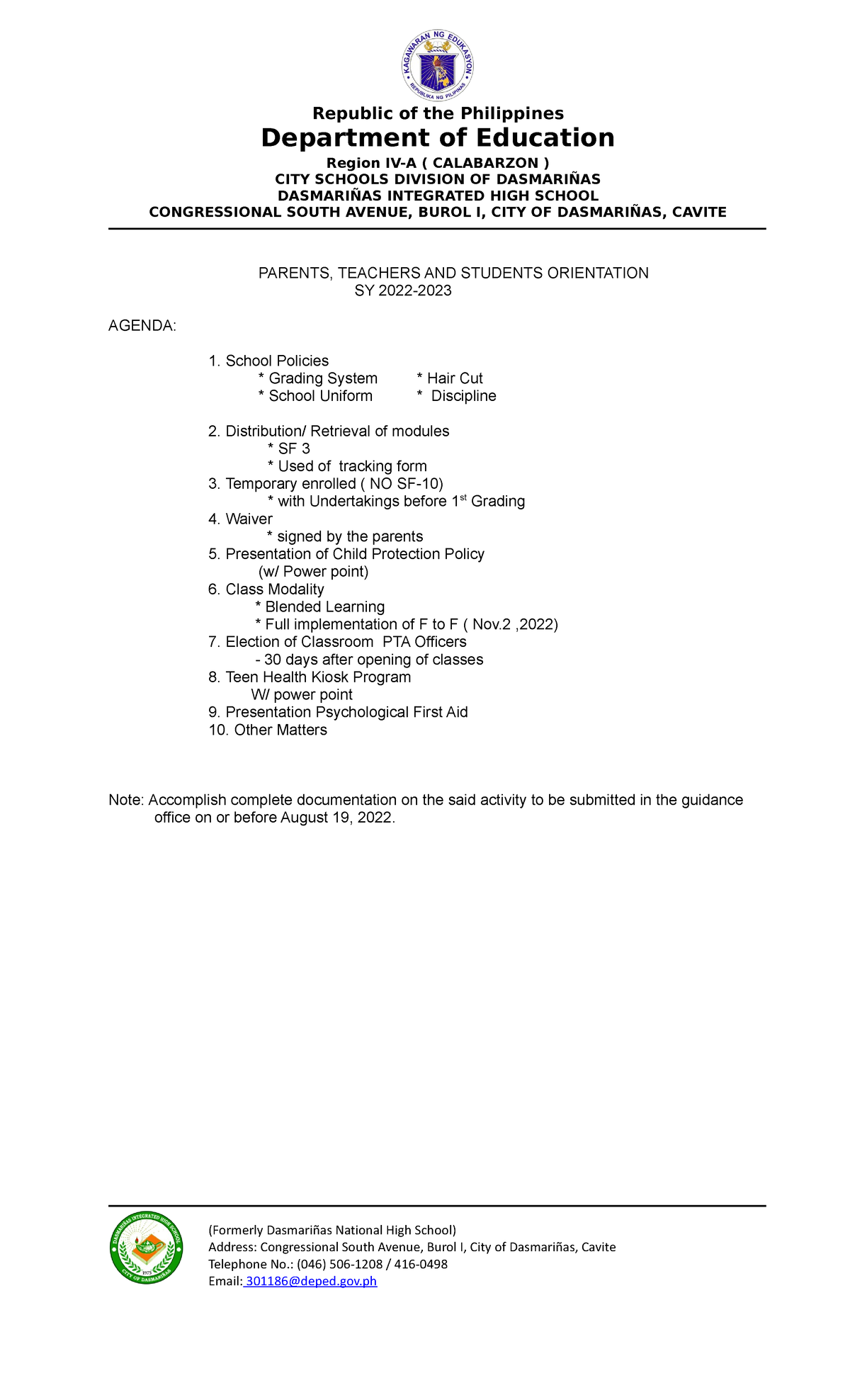 Agenda FOR Parents Orientation SY 2022 2023 - Republic of the ...