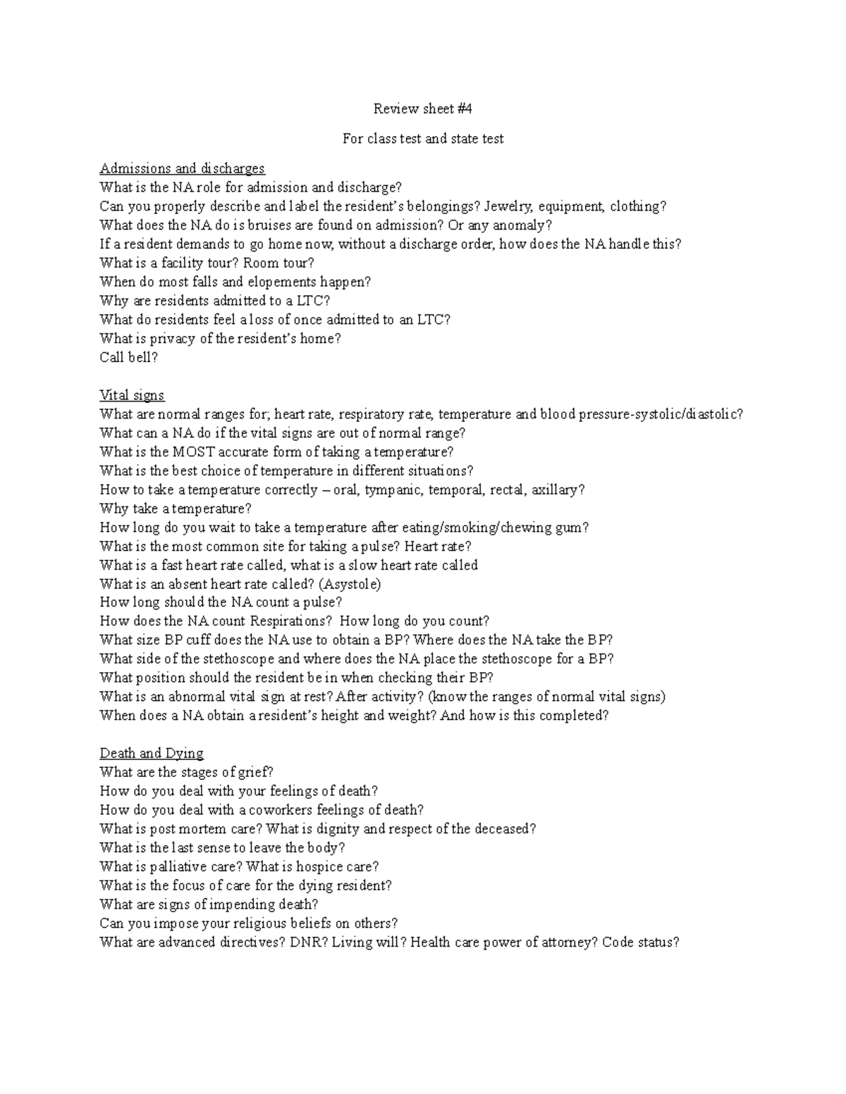 STNA Review sheet 4 - stna - Review sheet # For class test and state ...