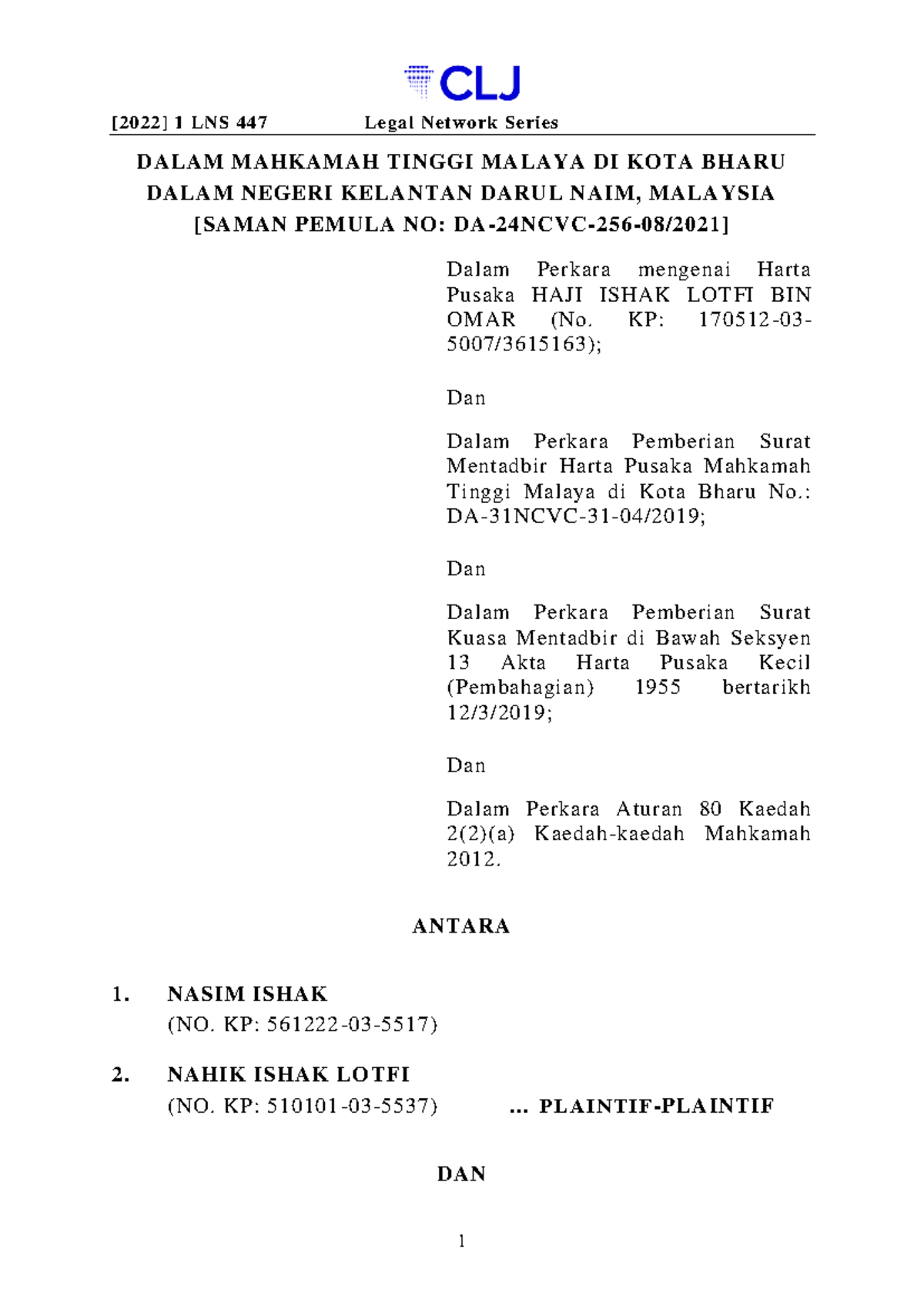 Nasim ishak v wan shahirah - DALAM MAHKAMAH TINGGI MALAYA DI KOTA BHARU ...