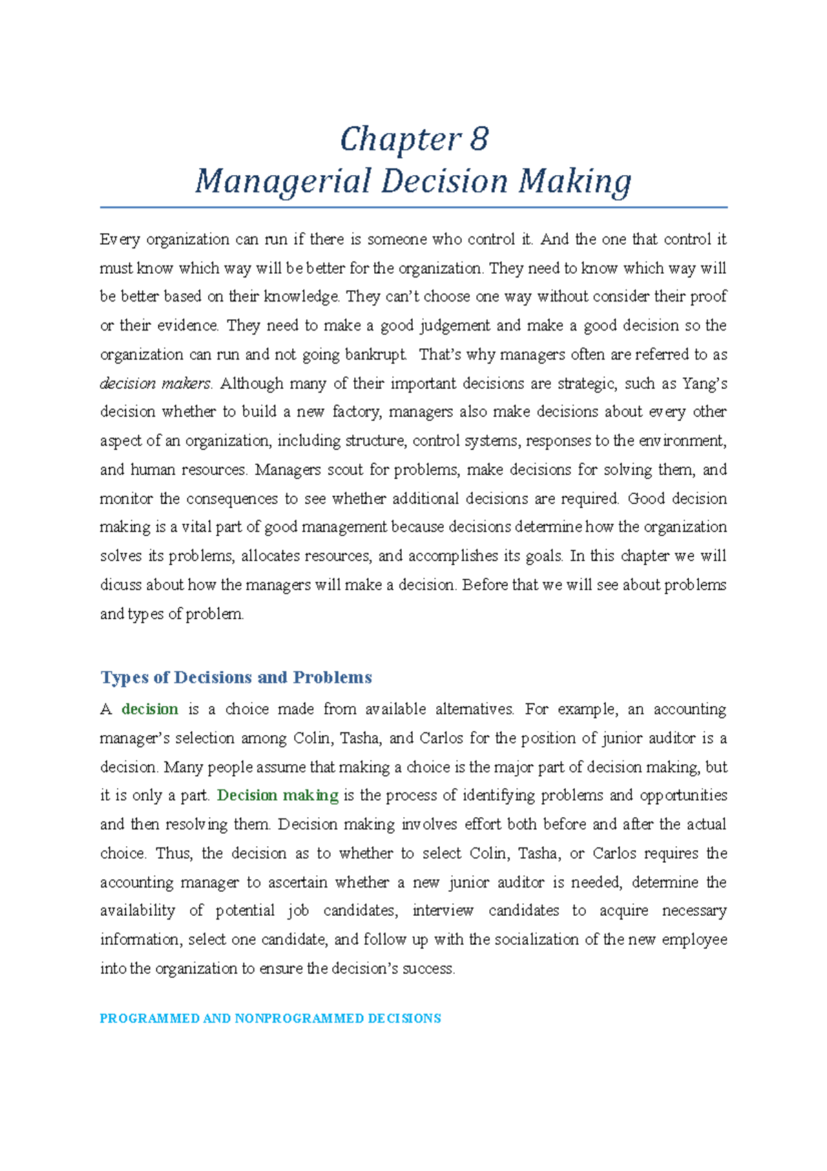 Summary Chapter 8 "Managerial Decision Making" - Chapter 8 Managerial ...