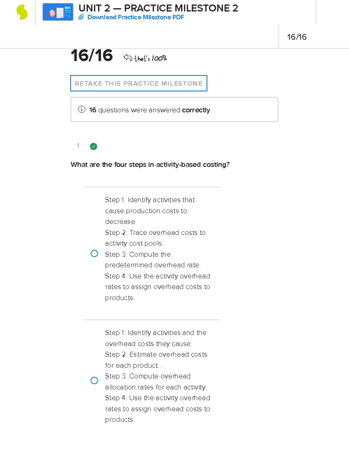 Sophia Managerial Accounting Practice Milestone 2 - 1 16 / 16 that's ...