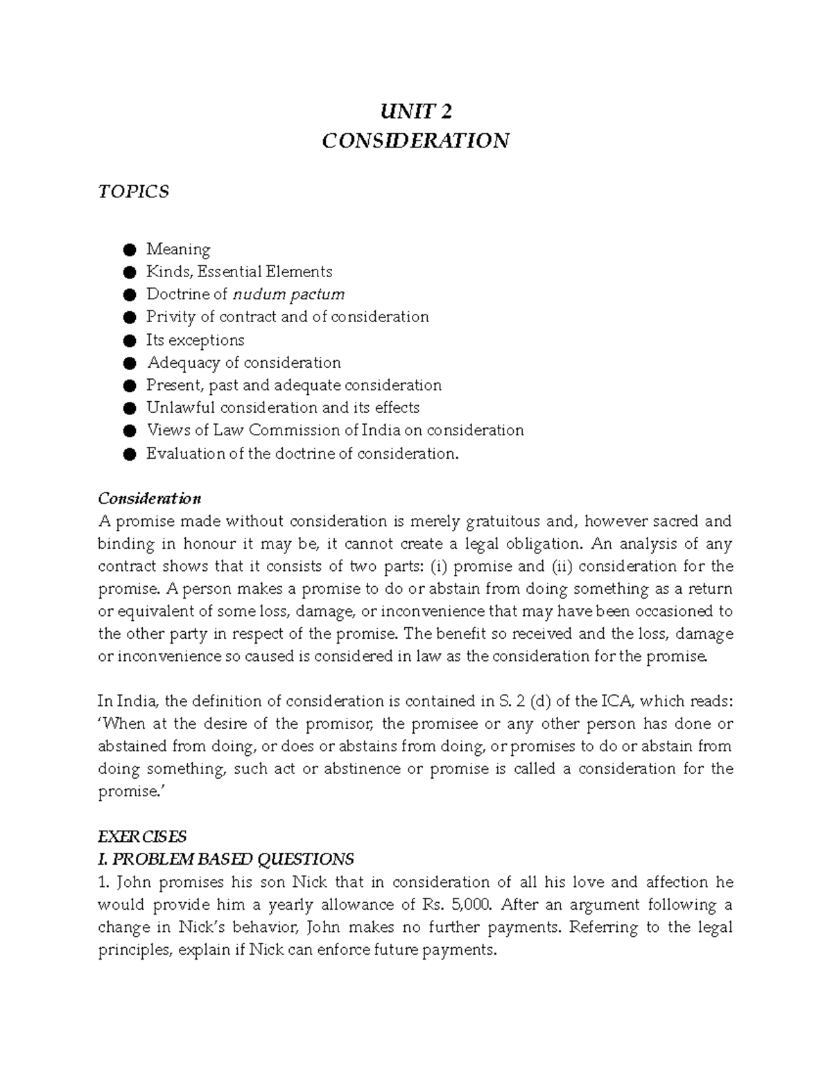 Contracts Unit 2 Lecture Notes 5 8 Unit 2 Consideration Topics Meaning Kinds Essential