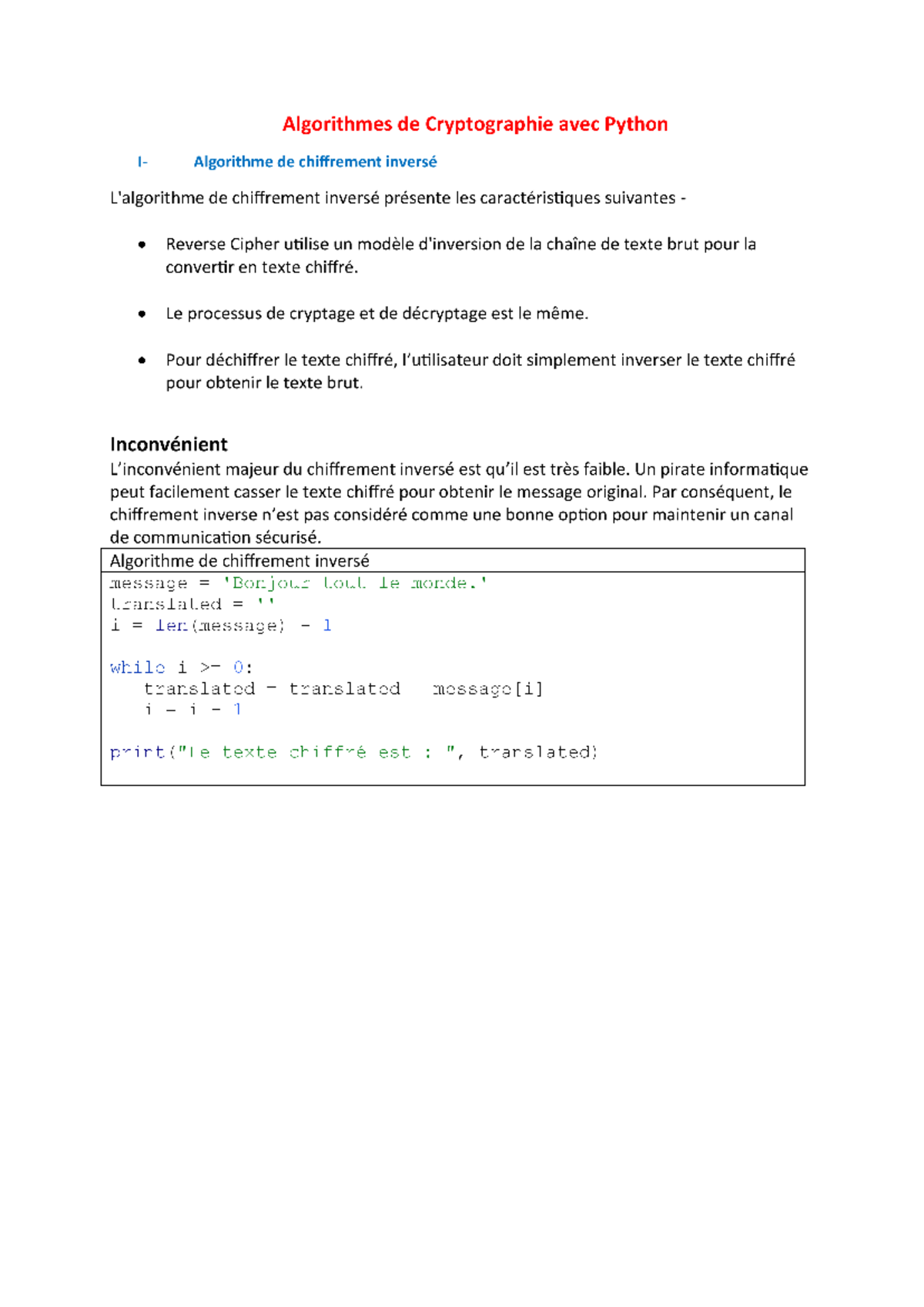 My Python Crypto 01 - Algorithmes de Cryptographie avec Python Algorithme de chiffrement inversé ...
