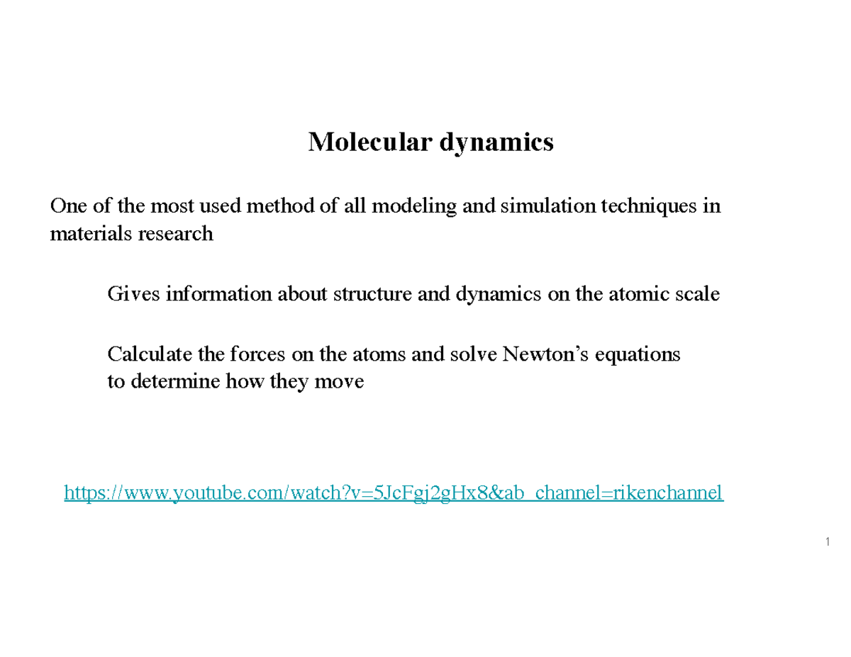 Molecular dynamics - need for homeworks and studying - Molecular ...
