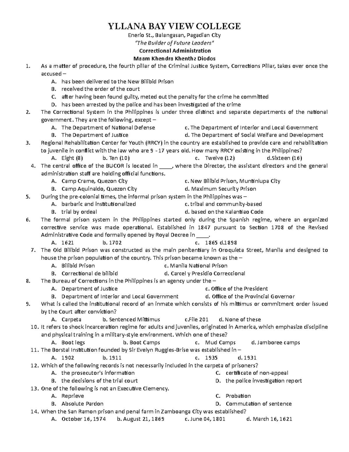 Cor.ad kenet - Exams in Corrections - YLLANA BAY VIEW COLLEGE Enerio St ...