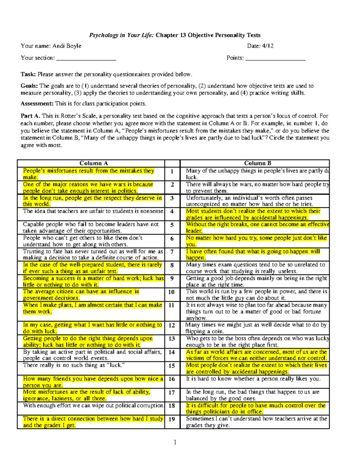 Ch 13 Active Learning Personality Activities Objective Tests 1 Psychology In Your Life