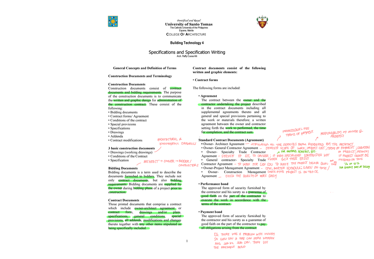 Specs-Specs-Writing - Specifications Writing - 1 Pontifical and Royal University of Santo Tomas ...