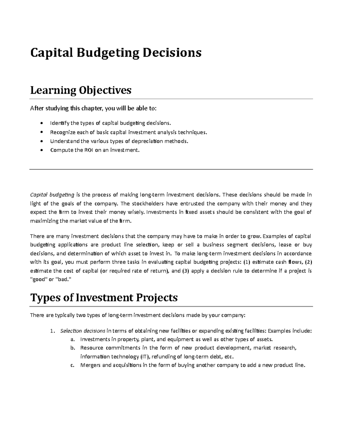 Capital Budgeting Decisions - Capital Budgeting Decisions Learning ...