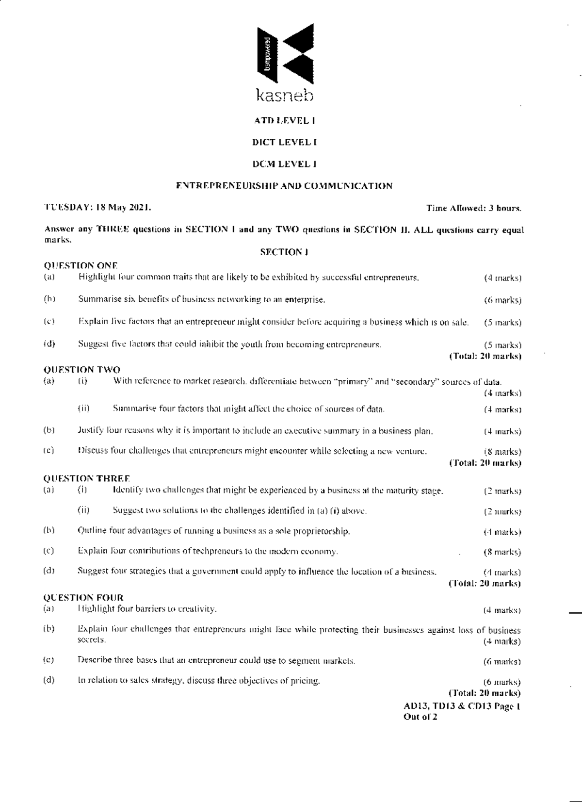 Entrepreneurship and Communication May 2021 ATD Level I - Bachelor of ...