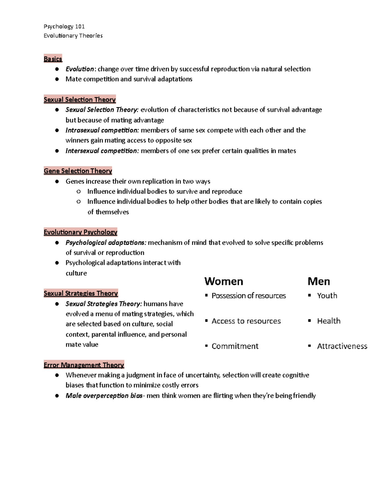 PSY 101 Evolutionary Theories Lecture Notes Winter 23 - Psychology 101 ...