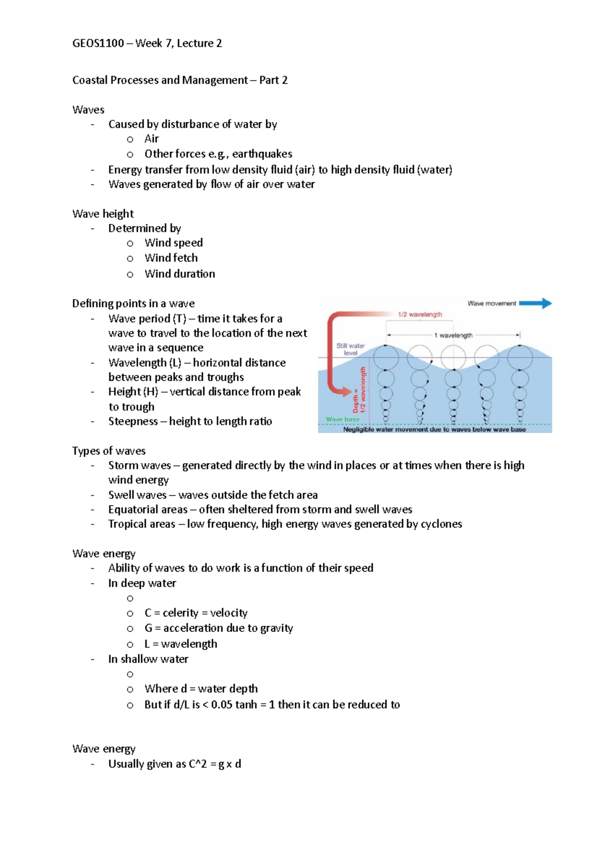 W7, L2 - W7, L2 - GEOS1100 – Week 7, Lecture 2 Coastal Processes and Management – Part 2 Waves ...