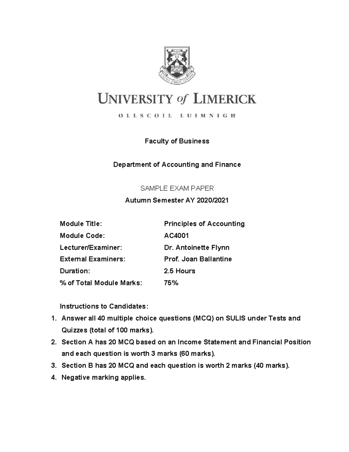 AC4001 Aut Sample Exam 2020 - Faculty of Business Department of ...