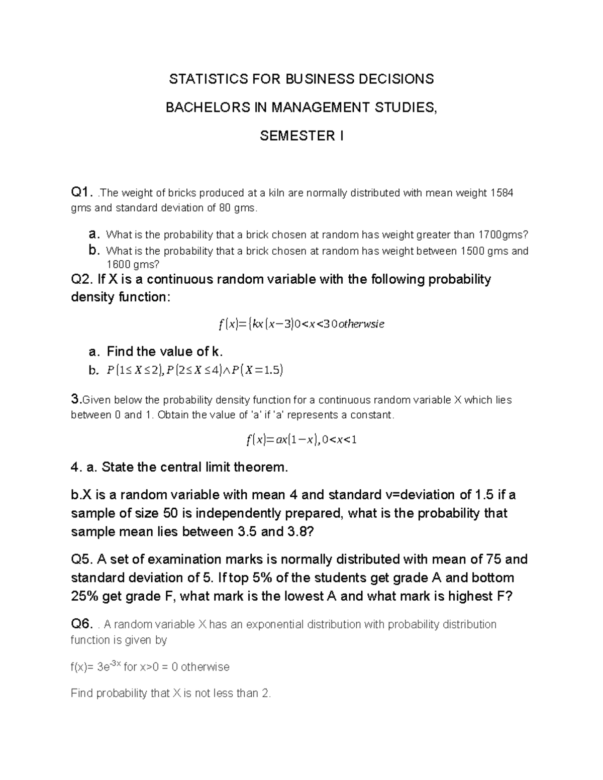 Assignment 2 - STATISTICS FOR BUSINESS DECISIONS BACHELORS IN ...