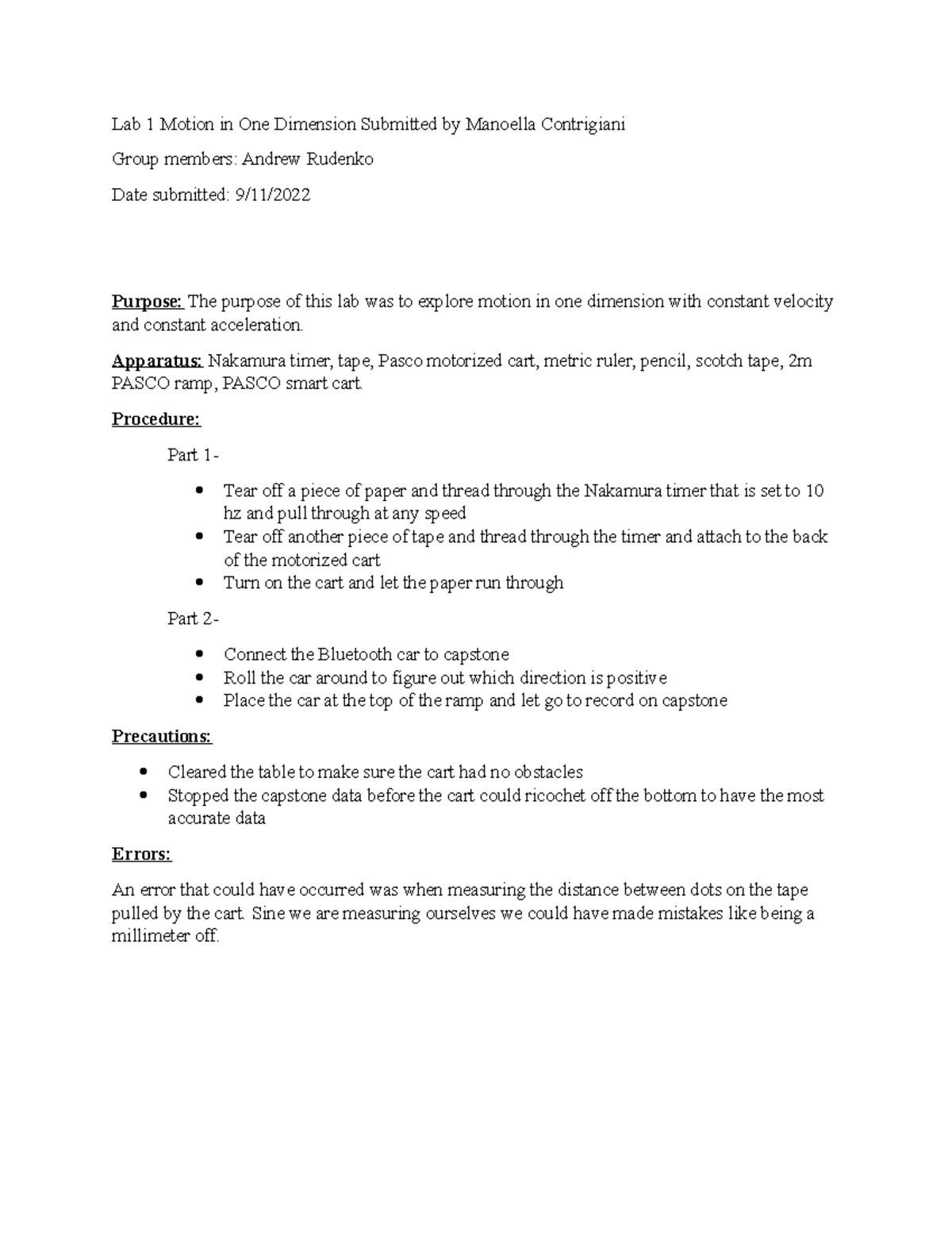 Lab 1 report - Lab 1 Motion in One Dimension - Lab 1 Motion in One ...