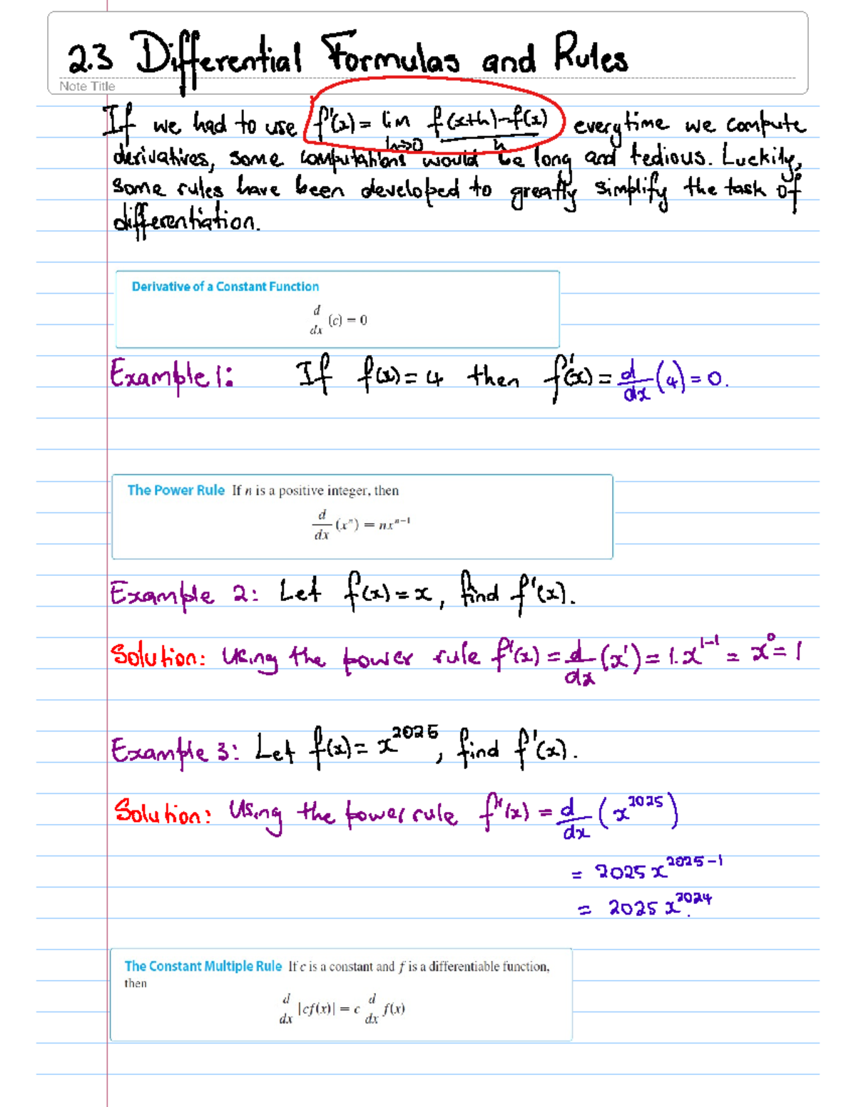 Differential Formulas and Rules - MATH130 - Studocu