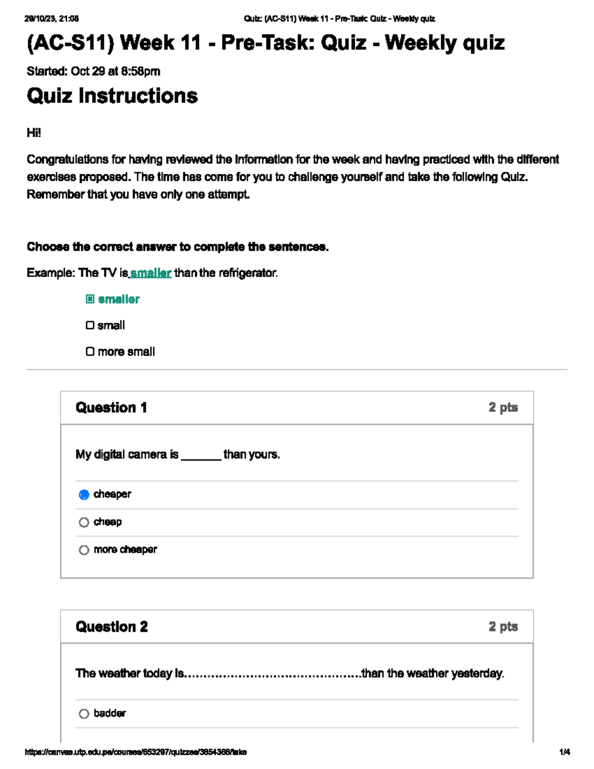(AC-S11) Week 11 - Pre-Task Quiz -Weekly quiz - ingles iii - Studocu