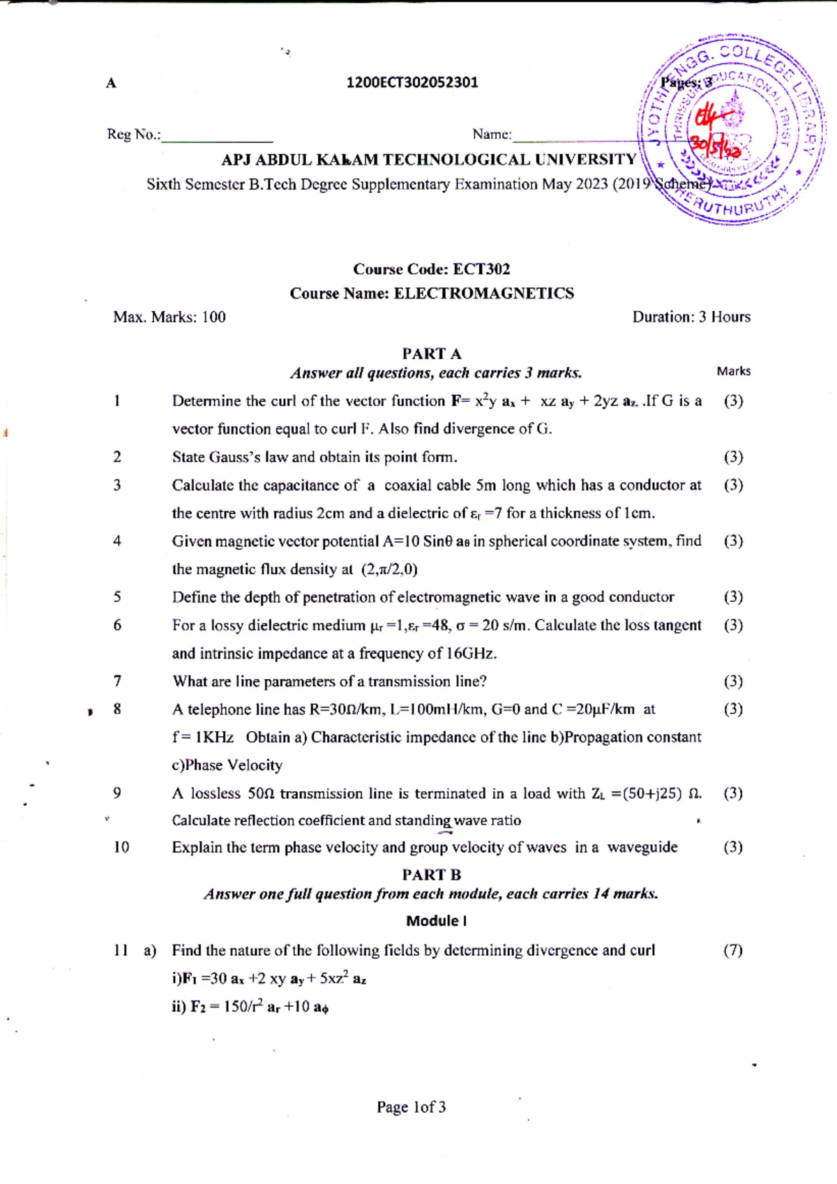 ECT302 Electromagnetics, JUNE 2023 - l. A RegNo.: 1200ECT3020s ...