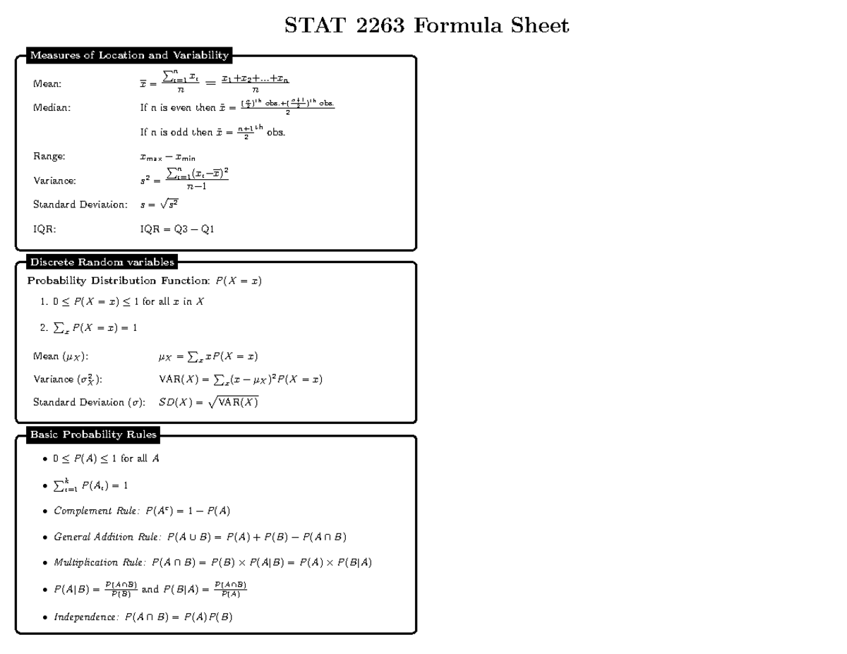 Formula Sheet Test1 STAT2263 W24 - STAT 2263 Formula Sheet Mean: x = ∑n ...